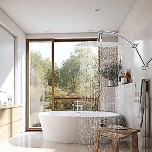 Hibbent All Metal 16'' Shower Head Extension Arm Solid Brass Flexible Height & Angle Adjustable Shower Arm Extender with Lock Joint, Universal Connection Stainless Steel Pipe Height Extending, Chrome