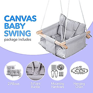 CaTeam - Canvas Baby Swing, Wooden Hanging Swing Seat Chair with Safety Belt, Durable Baby Swing Chair, Outdoor and Indoor Swing for Kids, Mounting Hardware Included, Gray