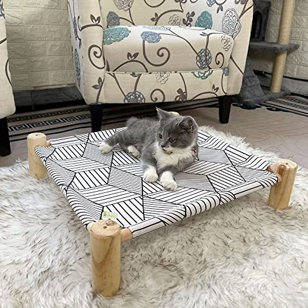 Babyezz Cat and Dog Hammock Bed, Wooden cat Hammock Elevated Cooling Bed, Detachable Portable Indoor/Outdoor pet Bed, Suitable for Cats and Small Dogs (White Diamond)