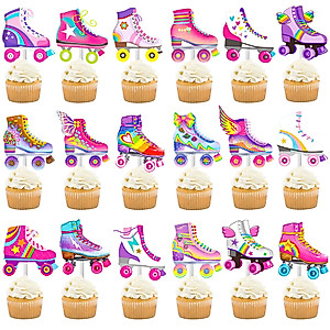 36pcs Roller Skate Cupcake Toppers Roller Skate Birthday Party Decorations 80s 90s Retro Hip Hop Roller Skating Theme Decor Supplies for Children Boy Girl Happy Birthday Party Decor Supplies