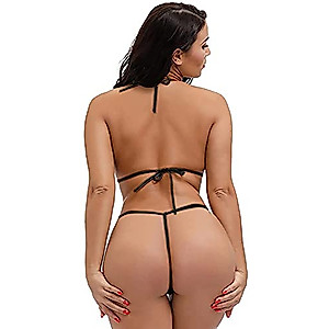 EVAbaby Sexy Women Halter Neck Bra Top Thong Summer Swimwear Mini Micro Bikini Set Black