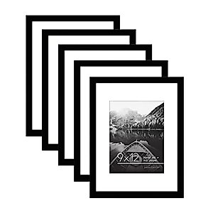 Americanflat 9x12 Picture Frame in Black - Set of 5 - Use as 6x8 Picture Frame with Mat or 9x12 Frame Without Mat - Plexiglass Cover and Sawtooth Hanging Hardware for Horizontal or Vertical Display