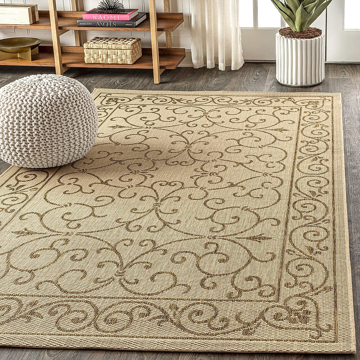JONATHAN Y SMB106A-8 Charleston Vintage Filigree Textured Weave Indoor Outdoor Area Rug Classic Coastal Easy Cleaning Bedroom Kitchen Backyard Patio Non Shedding, 8 X 10, Beige/Brown