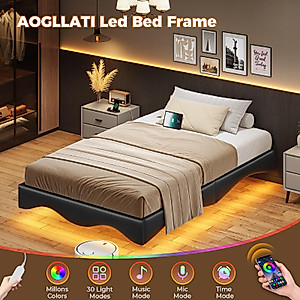 AOGLLATI Floating Bed Frame Twin Size with Charging Station & LED Lights, Platform Twin Bed Frame with Leather Wave Molding and Stable Structure,No Box Spring Needed, Black