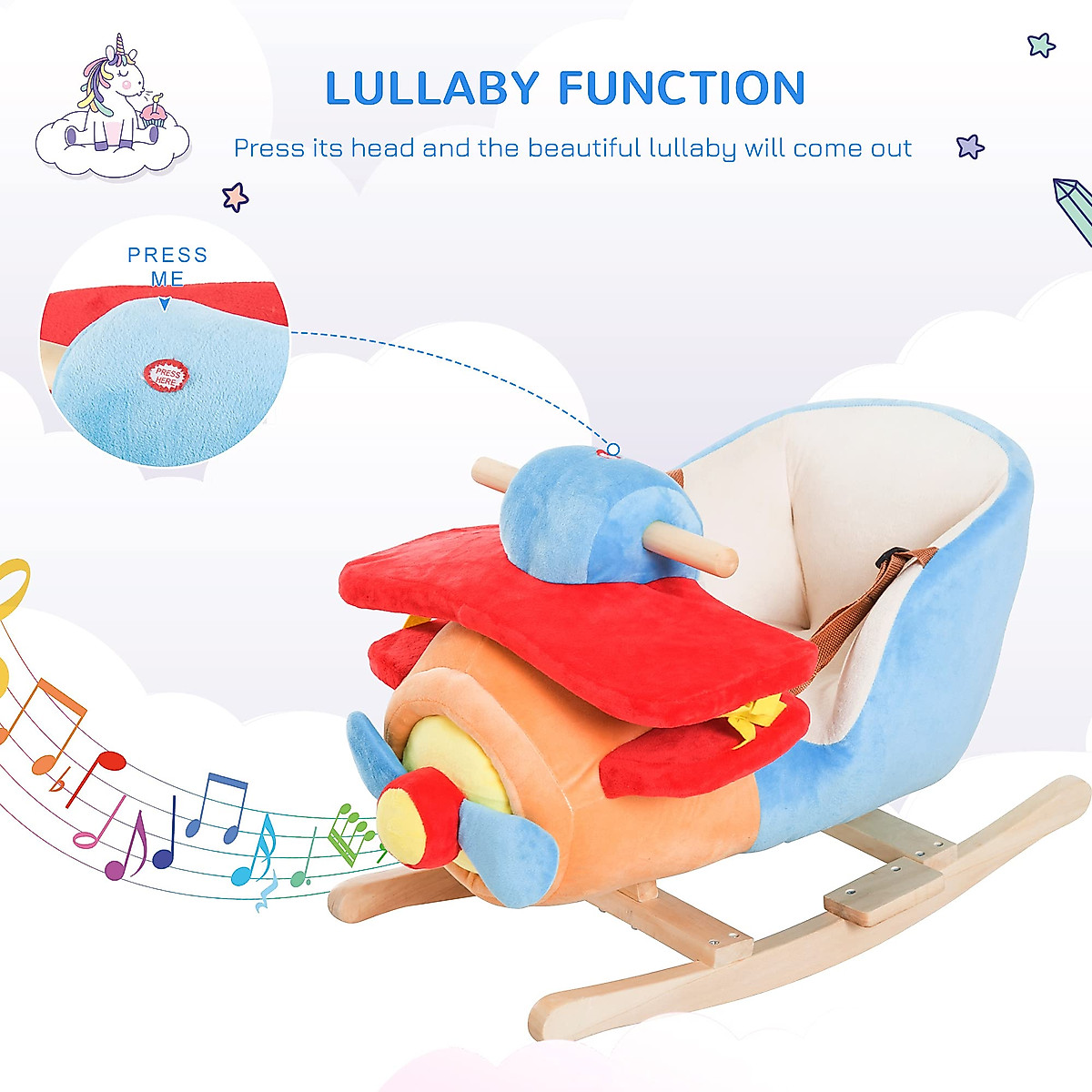 Qaba Kids Rocking Horse, Wooden Plush Ride-on Plane Chair Toy with Lullby Song and Seat Belt for 18 Month +