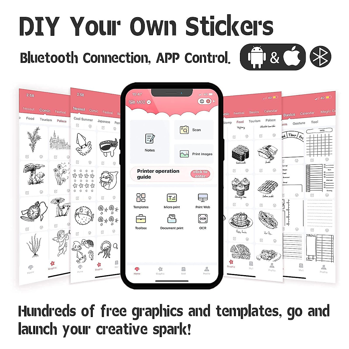 M02 Portable Pocket Printer - Sticker Printer Machine Mini Thermal Printer Bluetooth Sticker Printer with 5 Sheets Colorful Cute Stickers for DIY Journal Fun