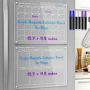 NPPLUS Acrylic Magnetic Monthly and Weekly Calendar for Fridge,2 Set Clear Magnetic Dry Erase Board Calendar for Fridge, Reusable Planner Whiteboard Calendar Includes 6 Markers 3 Colors