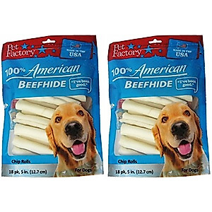 Pet Factory (2 Pack) U.S.A. Beef Hide Chip Rolls Chews for Dogs, Small / 5" (18 Rolls Per Pack / 36 Rolls Total)