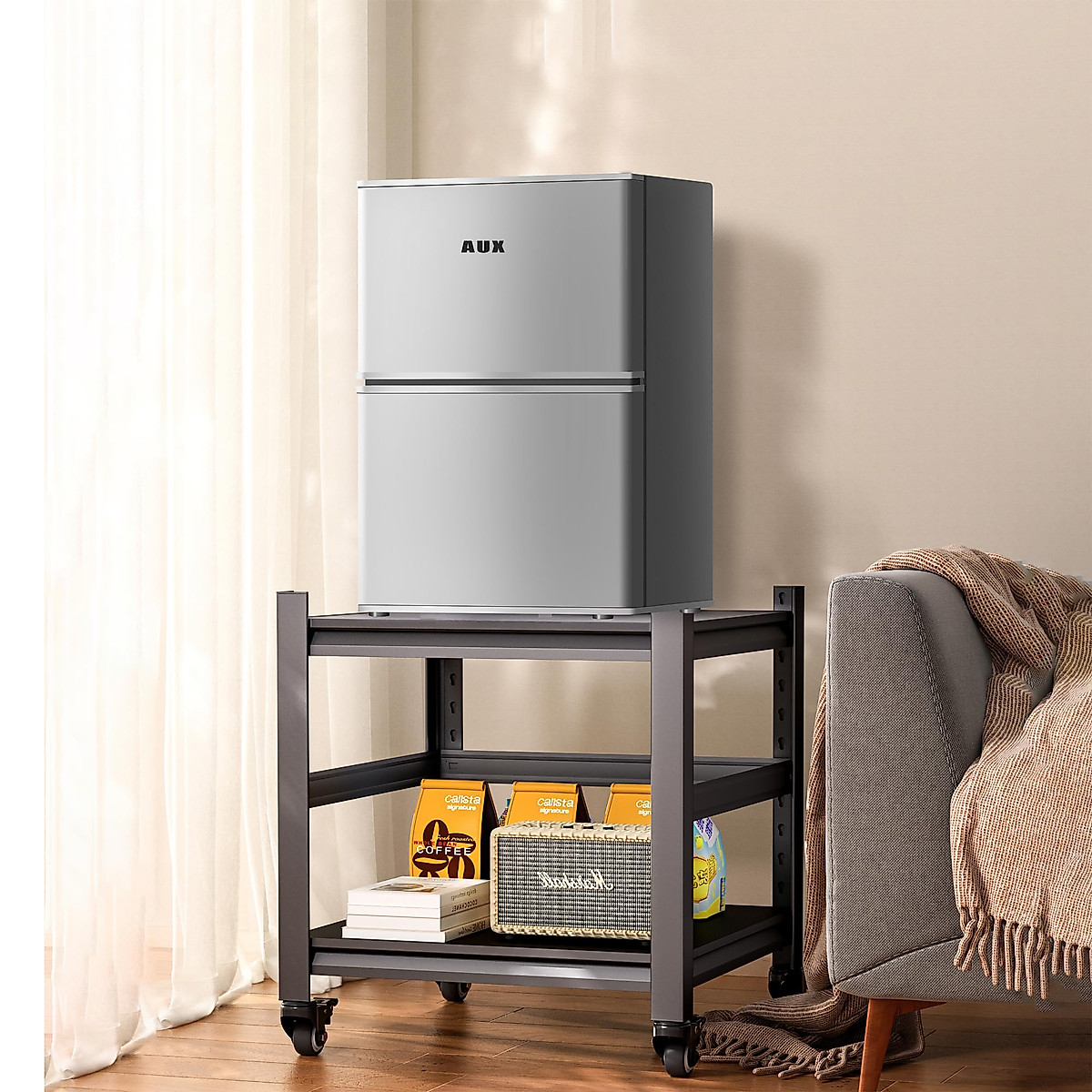 Phonando Mini Fridge Stand with Storage,Heavy Duty Mobile Mini Fridge Shelf with 4 Lockable Wheels,220lbs Mini Fridge Table for Dorm,Small Refrigerator Stand Storage Cart,Black