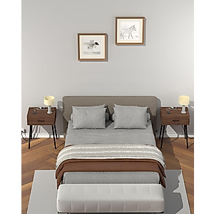 HAIOOU Set of 2 Mid Century Nightstand with Charging Station, End Table Modern Side Table One Drawer with Premium Matte Black Handle and Pine Wood Legs for Home Bedroom Living Room