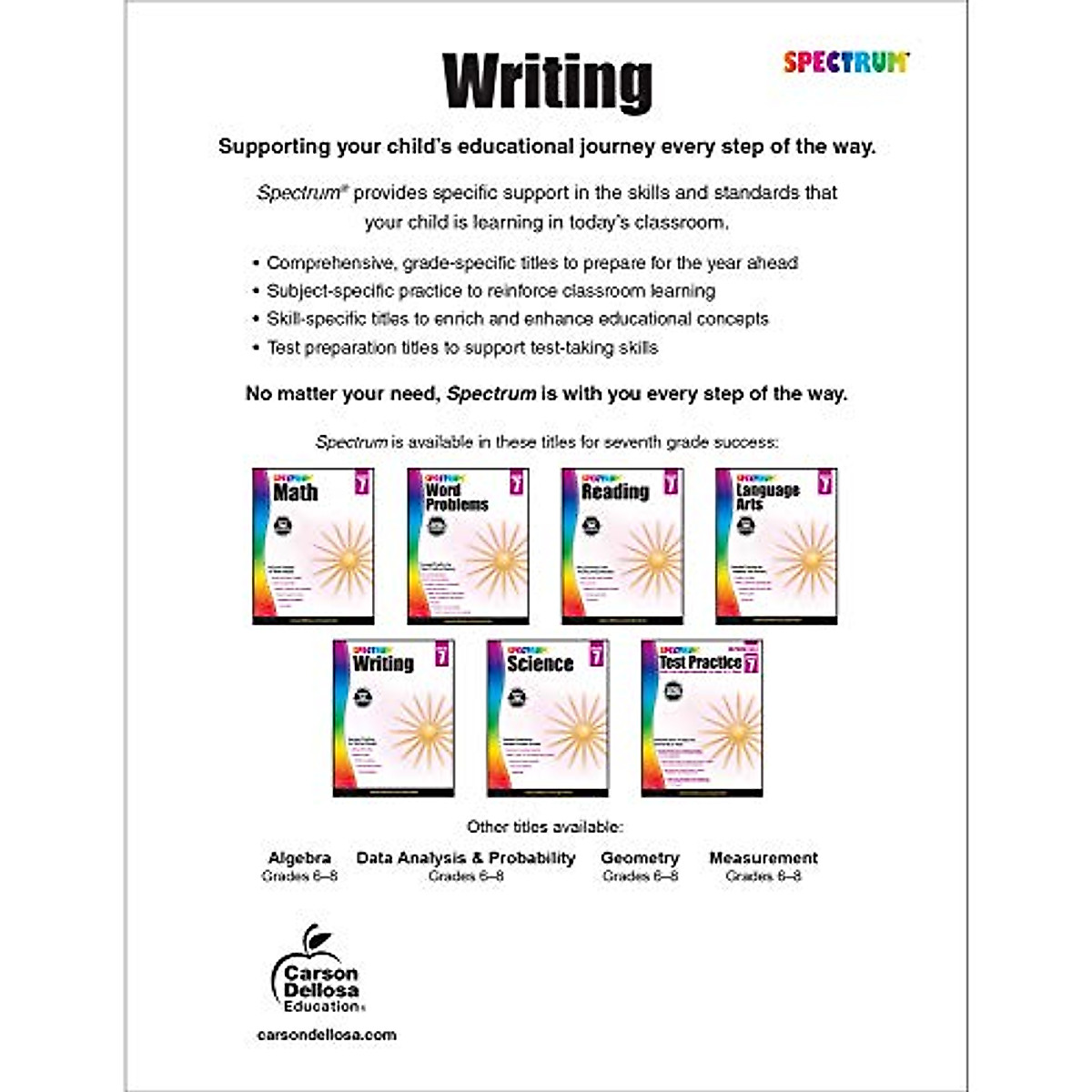 Spectrum 7th Grade Writing Workbooks, Ages 12 to 13, 7th Grade Writing, Informative, Argumentative, Comparative, and Fiction Story Writing Prompts, Writing Practice for Kids - 136 Pages