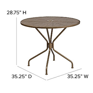 Flash Furniture Oia Commercial Grade 35.25" Round Gold Indoor-Outdoor Steel Patio Table with Umbrella Hole