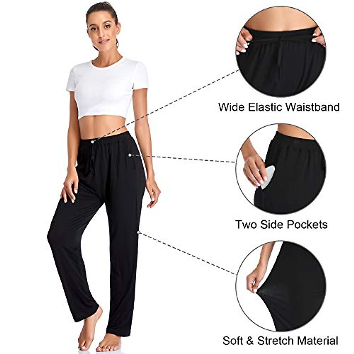 ASIMOON Women's Loose Pants Pockets Lightweight Soft Yoga Sweatpants Pull on Stretch Jogger Pant Casual Lounge Jogging Pants Black-a