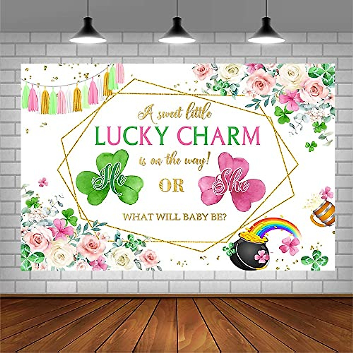 AIBIIN 7x5ft Lucky Charm Gender Reveal Backdrop St. Patrick's Day Baby Shower Photography Background He or She Pink or Green Shamrock Clover Gold Coin Party Decor Banner Supplies Photo Shoot Props