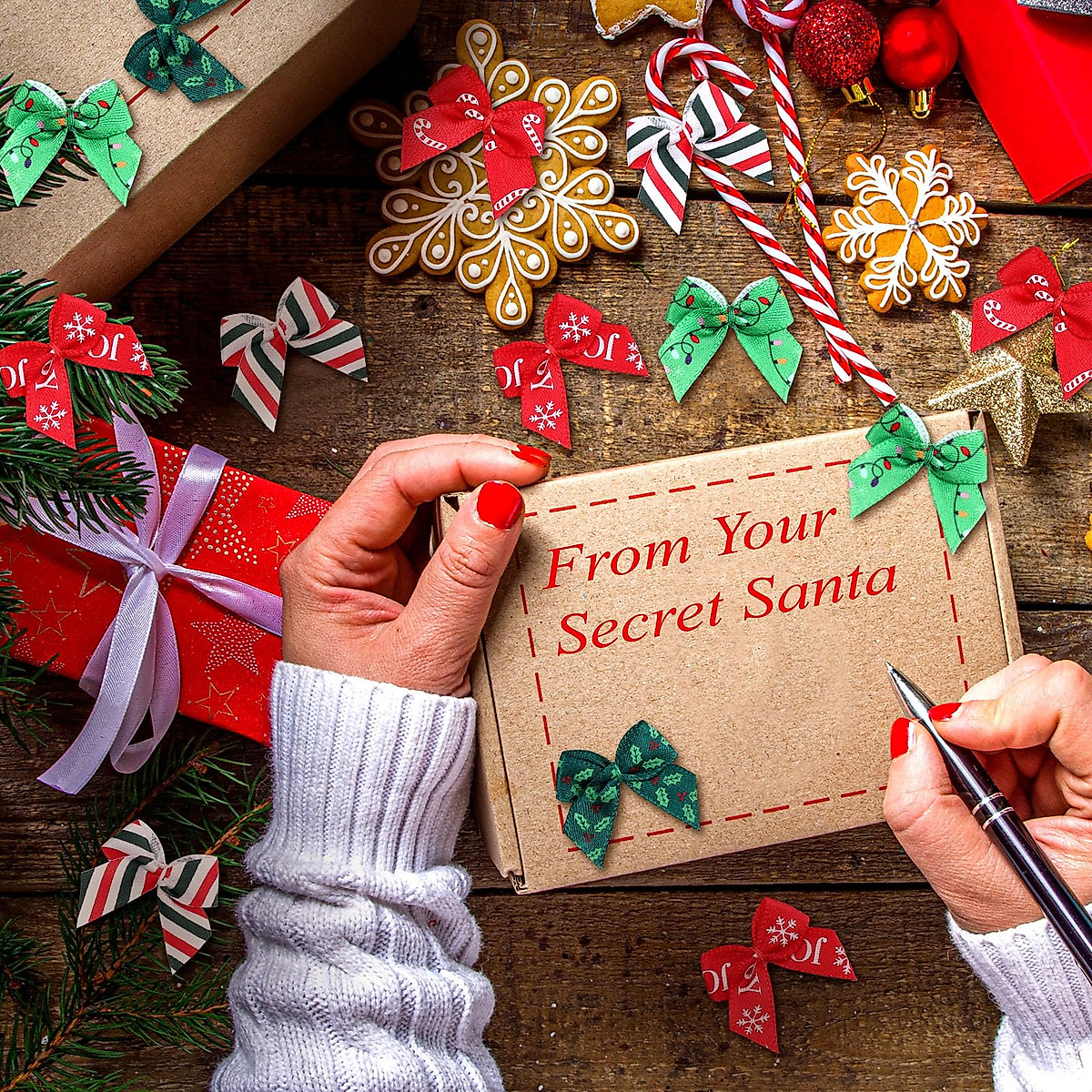 Syhood 150 Pcs Christmas Mini Bow Tiny Twist Tie Bow Handmade Craft Ribbon Bow Hair Small Bow Holiday Bow Craft Supply for DIY Sewing Party Decor (Red and Green,Patterned)