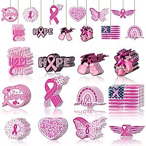 Sintuff 36 Pieces Breast Cancer Awareness Decorations Wooden Pink Ribbon Ornaments for Tree Pink Ribbon Party Hanging Decoration Wooden Pink Ribbon Decorations for Tree Breast Cancer Awareness Month