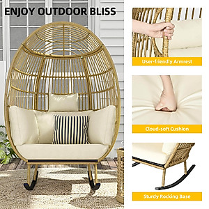 DWVO Outdoor Rocking Egg Chair, Patio Rocking Chair Oversized, 370lb Capacity, Anti-Slip, All-Weather Wicker Egg Lounger Chair for Indoor, Outside (Beige)