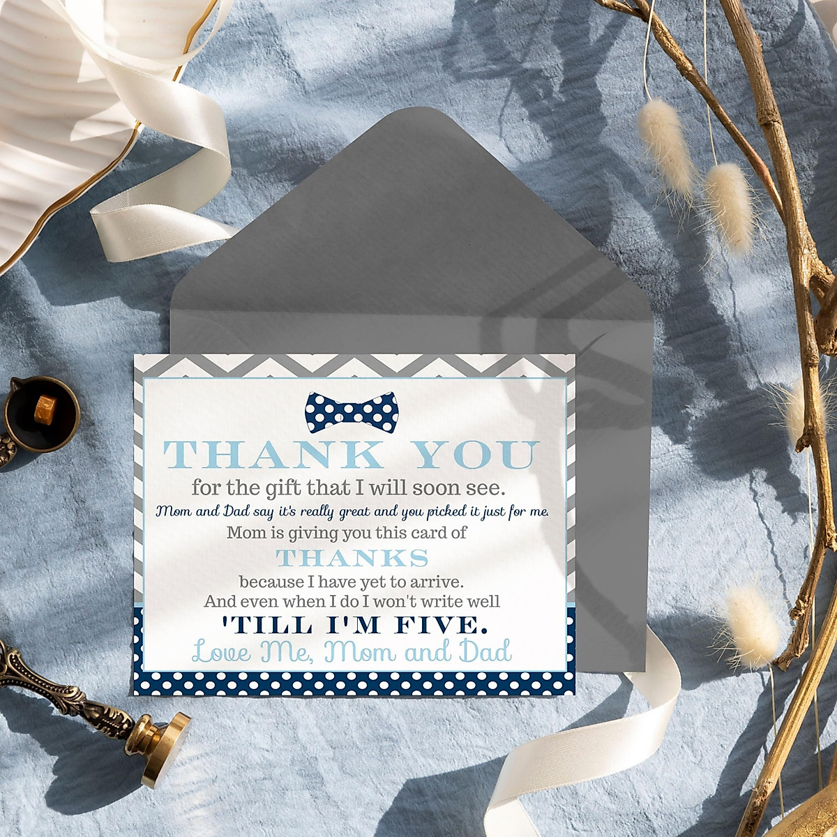 Paper Clever Party Bow Tie Baby Shower Thank You Cards with Envelopes Blank Notes Prefilled Message Boys Personalize for Registry Gifts Blue and Grey Notecard Set 4x6, 15 Pack Printed