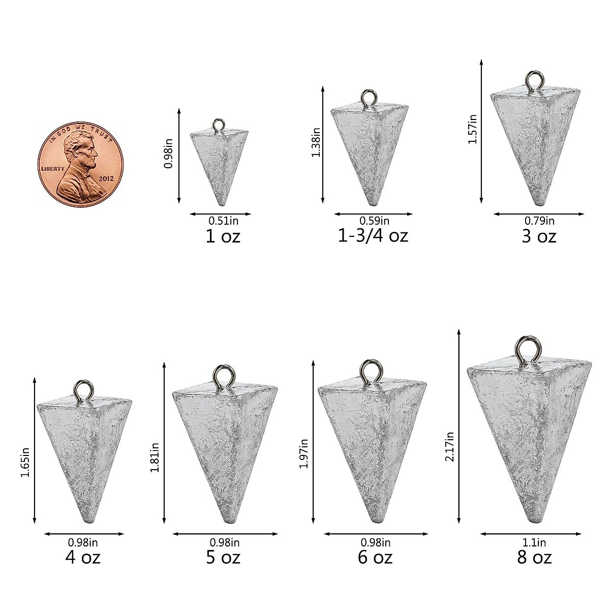 Dr.Fish 5 Pack Pyramid Sinkers Saltwater Lead Fishing Weight 1oz-32oz/2LB Triangle Surf Fishing Bank River Catfishing Pompano 2oz