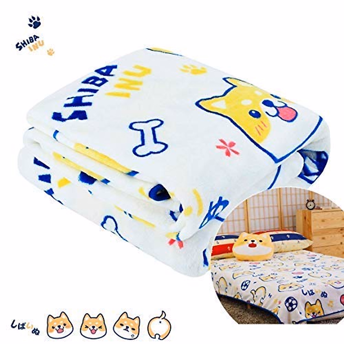 Flannel Fleece Throw Blanket, Cute Shiba Inu Micro Fleece Soft Blanket Throw Blanket