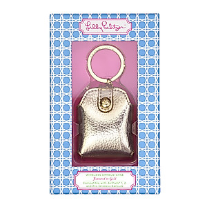 Lilly Pulitzer Leatherette AirPods Holder, Cute Keychain Case with Access to Charging Port (Gold)