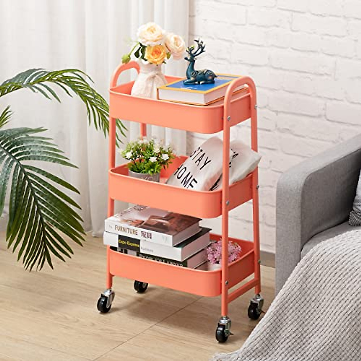 AGTEK Makeup Cart, Movable Rolling Organizer Cart, 3 Tier Metal Utility Cart with Lockable Wheels for Home & Office, Pink Orange