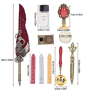 GLOGLOW Feather Pen Set, Vintage Calligraphy Quill Pen Set with 5 Nibs Stamp Pen Holder Letter Knife Spoon Empty Ink Bottle for Calligraphy Lovers Wine Red