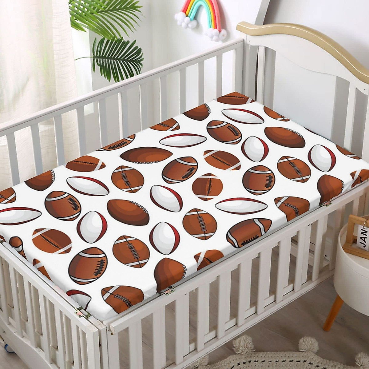 American Football Themed Fitted Mini Crib Sheets,Portable Mini Crib Sheets Ultra Soft Material -Baby Sheet for Boys Girls,24 x 38 Inch,Caramel White Ruby