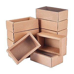 BENECREAT 12 Pack 7x5x1.5 Inch Brown Rectangle Drawer Kraft Boxes with PVC Plastic Window for Party Favor Treats, Candy and Jewelry Crafts