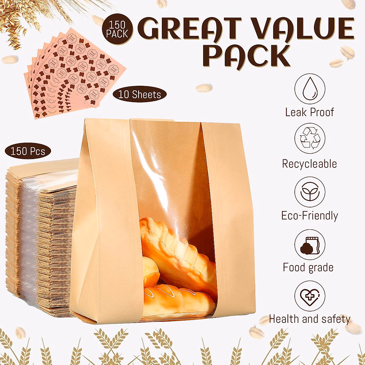 150 Pcs Bakery Bags with Window Large Packing Loaf Bag Paper Bread Bags for Homemade Bread Kraft Bread Storage Bags Bread Packaging Bags with 10 Sheets Stickers for Cookie Food, 12 x 8.3 x 3.5 Inch