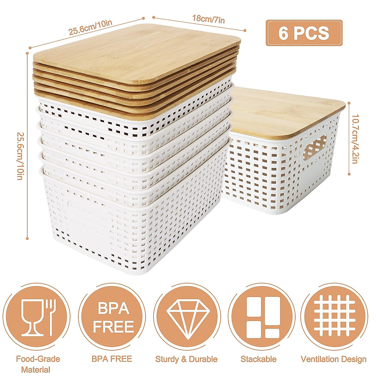 UHAPEER 6 PCS Storage Bins with Bamboo Lids Plastic Baskets Plastic Storage Containers for Organizing Stackable Storage Box with Handle for Shelves Drawers Desktop Closet Classroom Office（White）