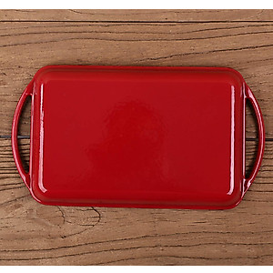 LI-GELISI Enameled Pre-Seasoned Cast Iron Double Handle Rectangle Grill Pan 15.8 inch, Red
