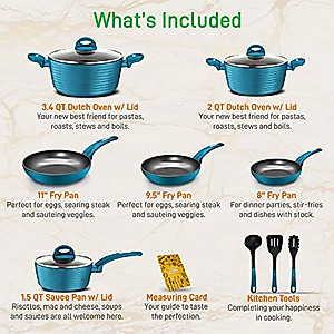 NutriChef Kitchenware Pots&Pans Stylish Cookware, Non-Stick Coating Inside&Outside+Heat Resistant Lacquer, Light Gray Inside and Green Outside(12-Piece Set), One Size, Teal