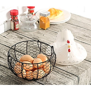 MyGift Black Metal Mesh Wire Egg Storage Basket with White Ceramic Farm Chicken Top Lid and Handles - Holds 30 Eggs