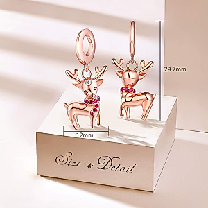 Reindeer Dangle Charm fit for Pandora Charms Bracelets 925 Sterling Silver with Cubic Zirconia Rose Gold Plated Christmas Gift Jewelry for Women and