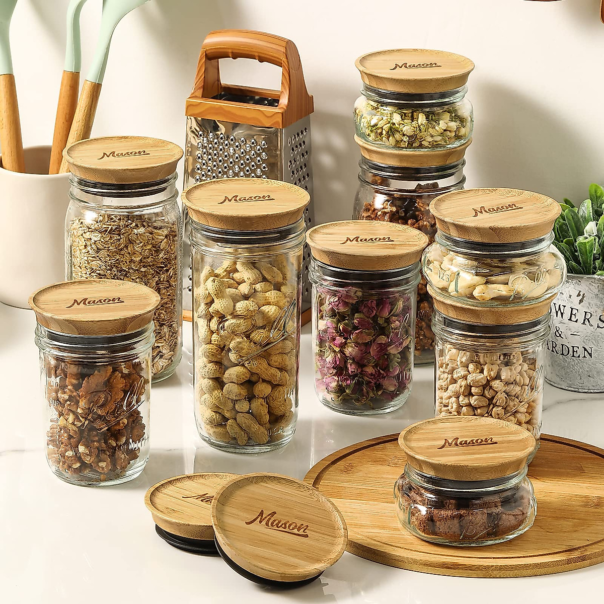 8 Pack Bamboo Mason Jar Lids Wide Mouth, CROWN Shaped Natural Wooden Storage Lids w Silicone Seal - Mason Jar Tops for Ball, Kerr Canning Jars - Kitchen, Pantry Dry Goods Storage - Airtight & BPA Free