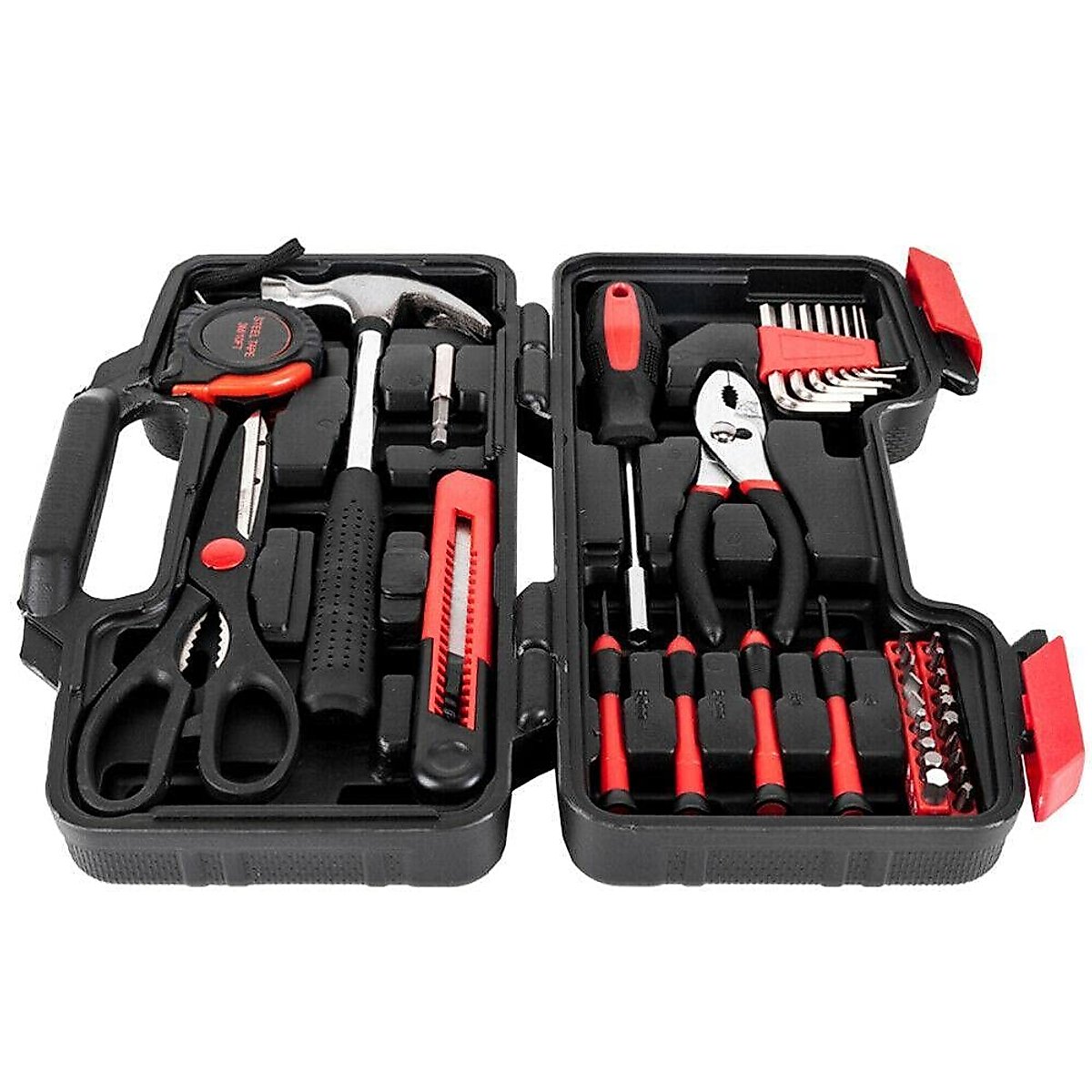 JTSQ Portable 39pcs Red Basic Tool Set Household Mechanics Tool Kit with Carry Box Tool box Tool set Tool kit Multi tool Tool organizer Tool box organizer Hand tools Tool storage Home improvemen