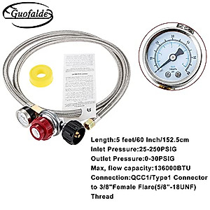 GUOFALDE 5 Ft 0-30 PSI High Pressure Adjustable Propane Regulator with Gauge, 60’’ Hose QCC1/Type1 to 3/8" Female Flare, for Turkey Fryer, Grill, Gas Burner, BBQ Fire Pit