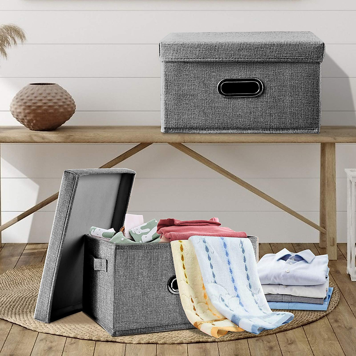 HONGKERNE Linen Fabric Storage Bin with Lid[1-Pack] Foldable Storage Box Organizer Storage Basket with Lid Closet Storage Bins for Clothes Storage Containers for Bedroom Office Home (Gray, Small)