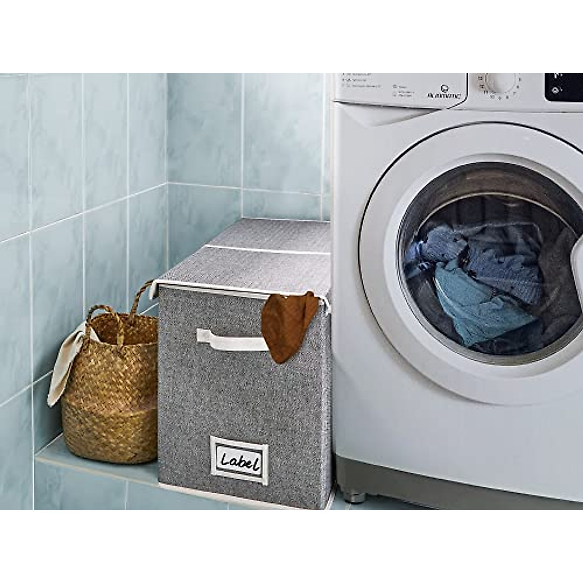 LoforHoney Home Large Storage Bin with Lid, Foldable Laundry Basket with Durable Handles, Double Laundry Hamper with Divider, Fabric Storage Bin with Lid for Clothes, Canvas Storage Bin with Lid for Organizing, Laundry Basket Organizer, Dark Gray