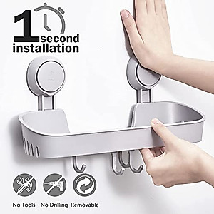 LEVERLOC Chrome Suction Cup Soap Dish Shower Caddy with 4 Hooks Suction Cup Shower Shelf One Second Installation Hanging Shower Rack Removable & Reusable for Shower Bathtub Kitchen