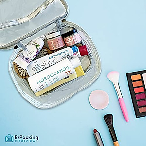 Large Cosmetic Bag for Women / Clear, See-Through Makeup, Hair & Nail Accessories Pouch for Travel or Home / Transparent PVC Plastic Organizer, Spacious Interior, Handle & Double Zippers (Silver)