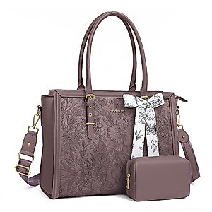 MOSISO Laptop Bag for Women, 15.6-16 inch PU Leather Tote Bag Compatible with MacBook, HP, Dell, Asus Notebook, Front Embossed Retro Hibiscus Computer Bag with Silk Scarf&Clutch Purse, Slate Purple
