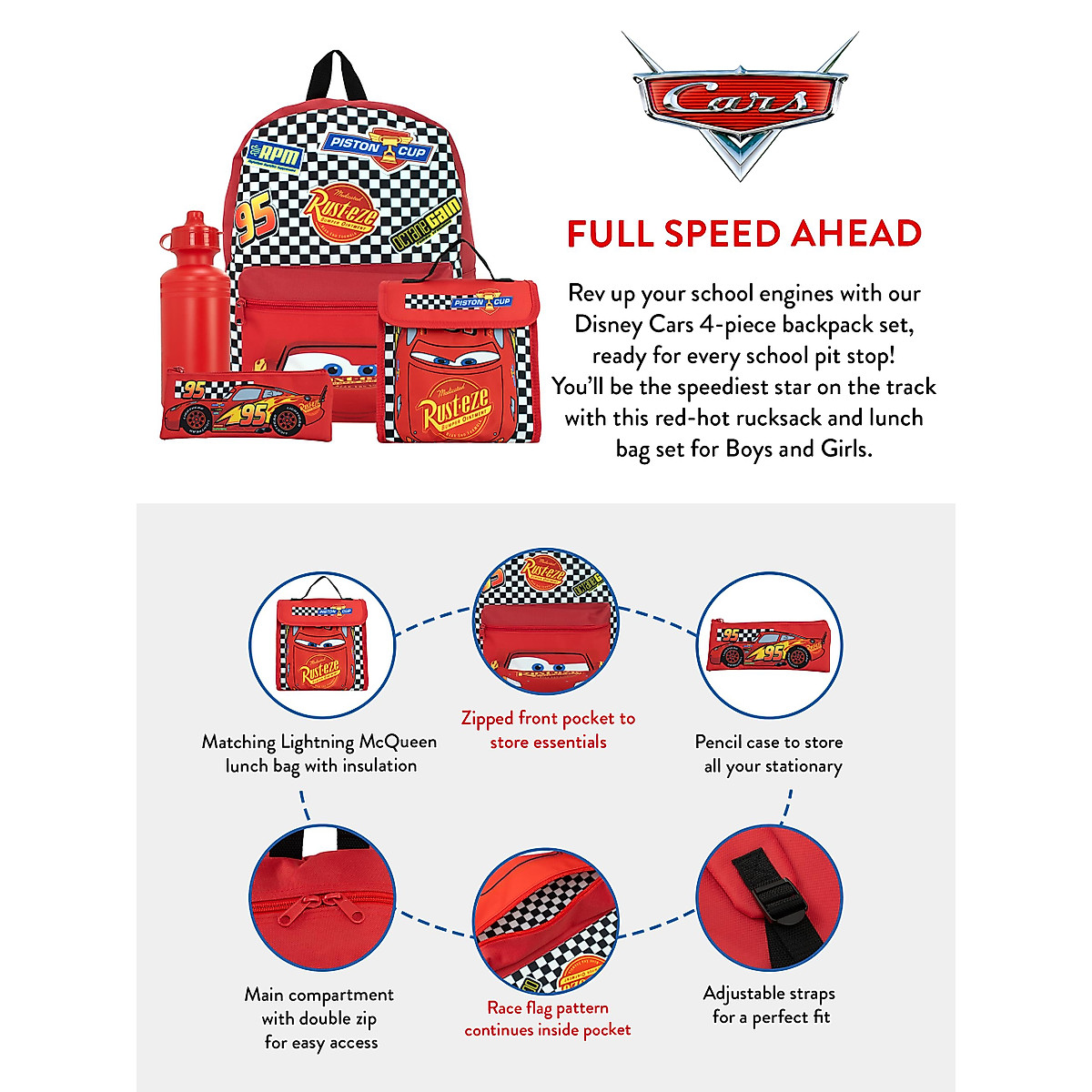 Disney Cars Backpack Set 4 Piece | Lightning McQueen Backpack Pencil Case Water Bottle and Lunch Bag | Children's Backpacks For School And Adventures | Official Cars Merchandise