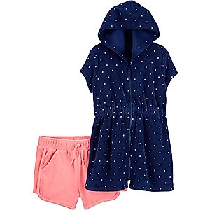 Simple Joys by Carter's Girls' Hooded Cover-Up and Shorts, Navy Dots/Pink, 12 Months