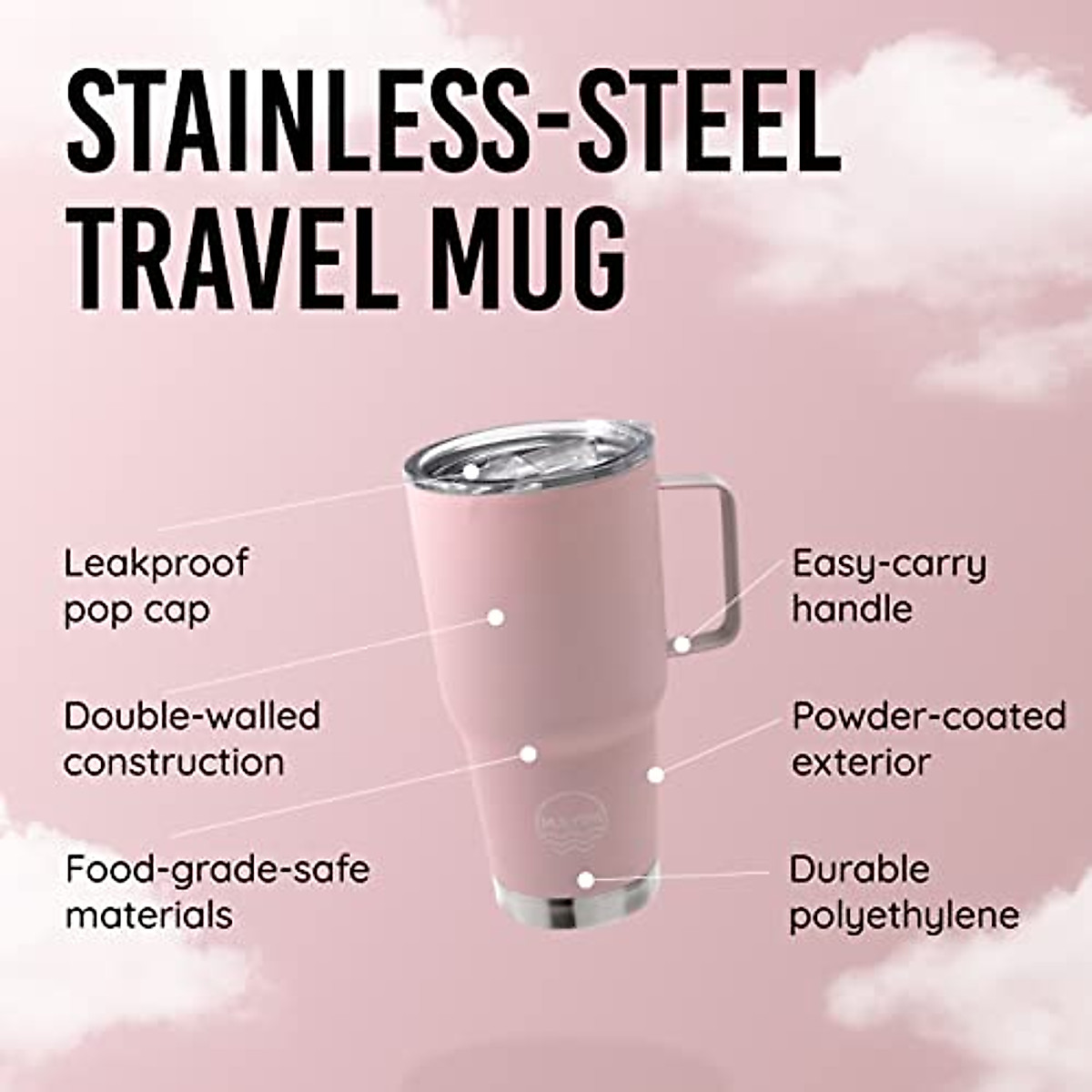 Mayim Large Travel Coffee Mug Tumbler with Clear Slide Lid and Handle, Reusable Vacuum Insulated Double-Wall Stainless-Steel Thermos, Fits in Cup Holder, 30oz., Blush