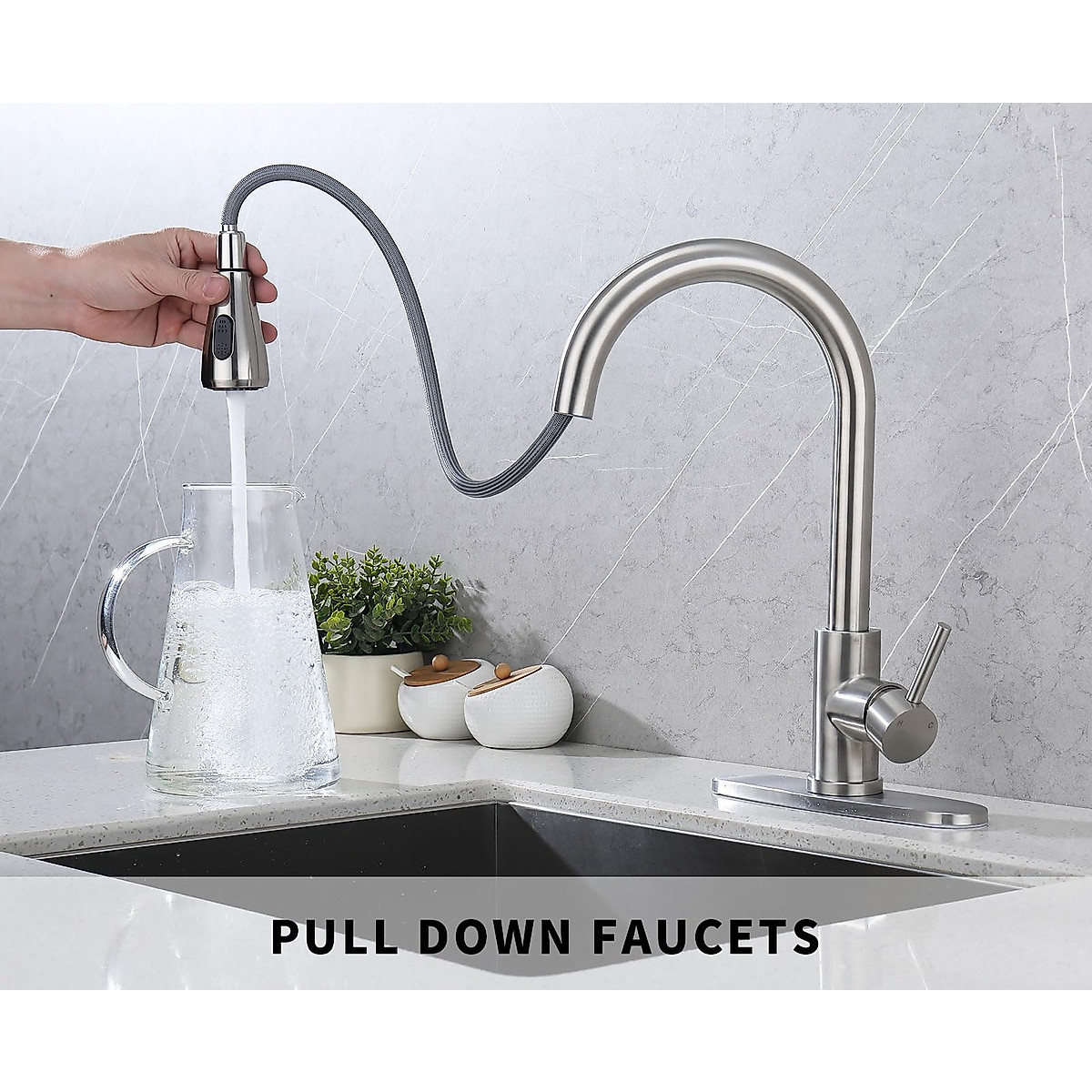 Kitchen Faucet with Pull Down Sprayer- Brushed Nickel Sink Faucets, 360° Swivel Single Handle High Arc Stainless Steel, Commercial Modern Kitchen-Faucets, 1/3 Hole, Deck Plate Included (2-Model)