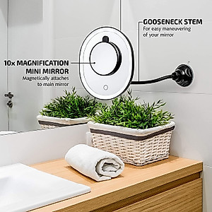 OVENTE 9'' Lighted Wall Mount Makeup Mirror with Mini Magnetic 10X Magnifying Mirror, Rechargeable Vanity Mirror, Touch Screen Dimmable LED Lights, Flexible Gooseneck & Suction Mounting, Black MOW22B