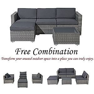 Patiorama 5 Piece Outdoor Patio Furniture Set, Outdoor Sectional Conversation Set, All-Weather Grey PE Wicker w/Dark Grey Cushions, Outdoor Backyard Porch Garden Poolside Balcony Furniture Set