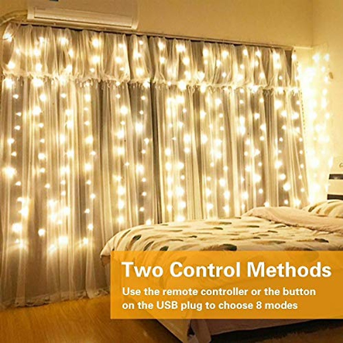 LIUPENGWEI LED Light String Curtain, Remote Control, 8 Modes Lights, Warm White LED 300 Fairy Lights, Decorative Light String Fairy, Home Garden Decoration Wedding Party Garden Ghost Light